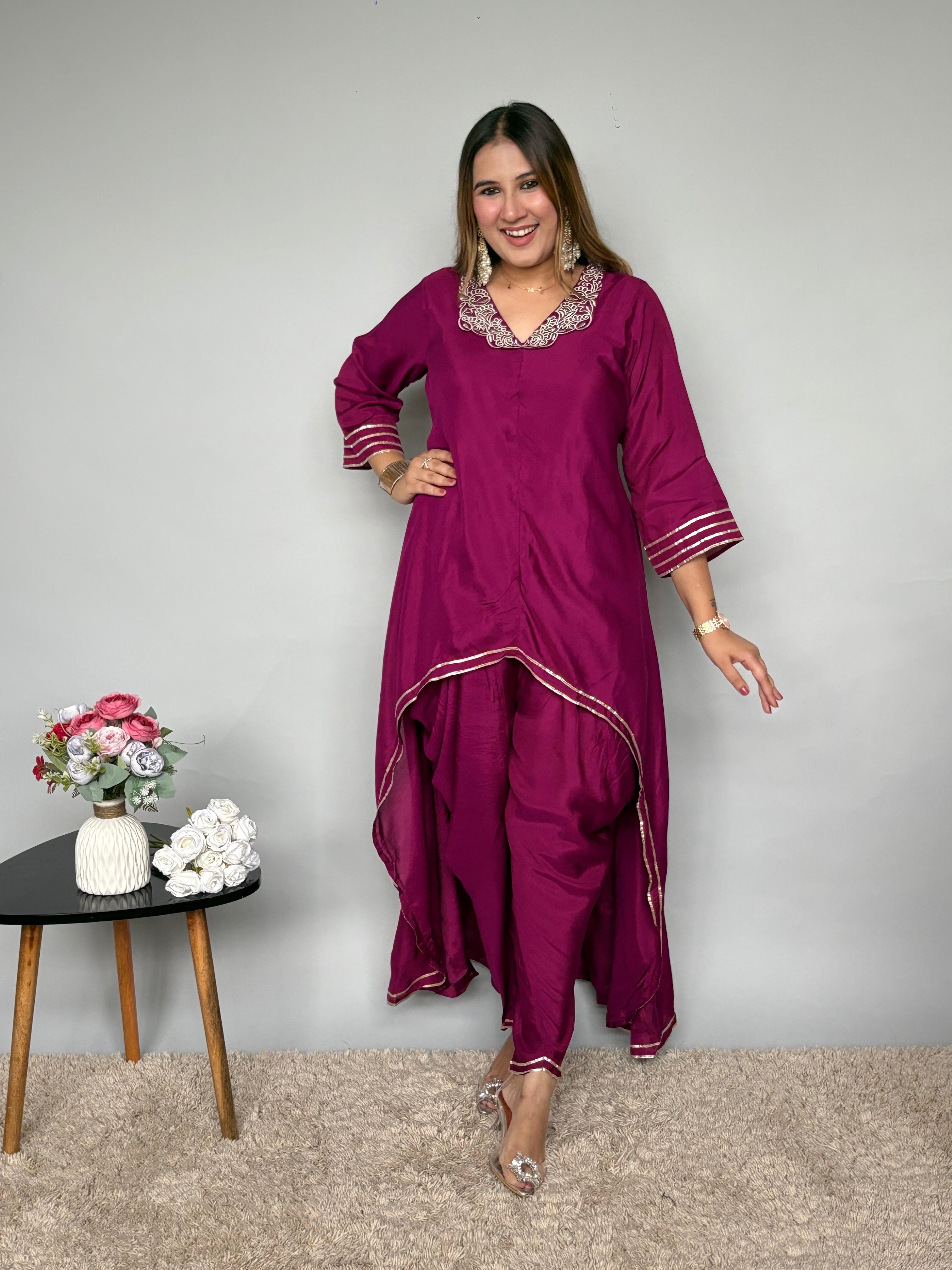 Wine Asymmetrical Dhoti Set – DesiVidesi India